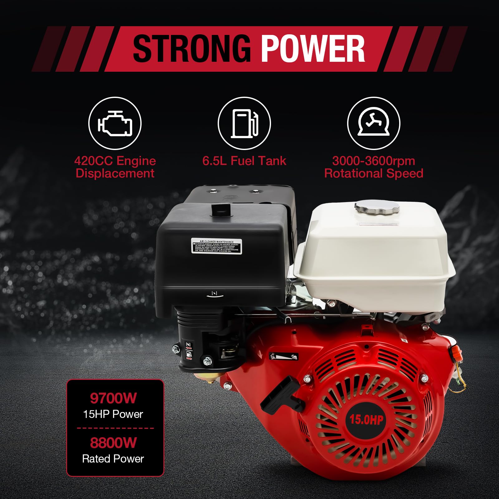 Gas Engine, 420CC 15 HP 4 Stroke Gasoline Engine OHV Horizontal Go Kart Motor Single Cylinder Air Cooling Gas Go Kart Engine FIT for Water Pumps, Vibrators, Generators (4 Stroke 15HP 420cc Red+Black)