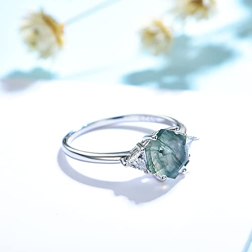 ITI KUOLOLIT 1.5ct Natural Moss Agate Ring Sterling Silver Hexagon Shaped Engagement Ring Green Agate Promise Wedding Rings for Women (Moss agate-White, 7)