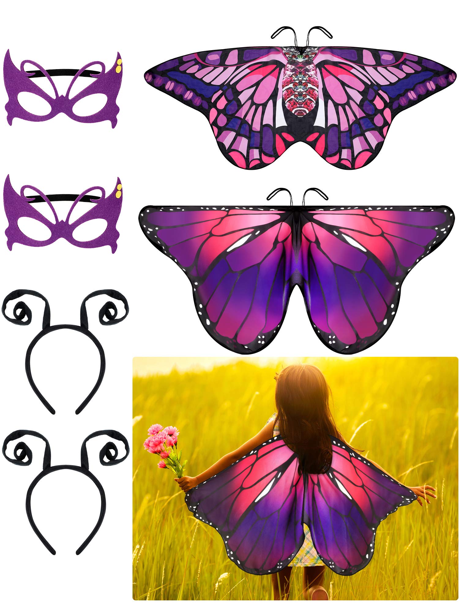 Gejoy 6 Pieces Butterfly Cloak Costume with Mask Antenna Headband for Kids Halloween Party (Classic Style)