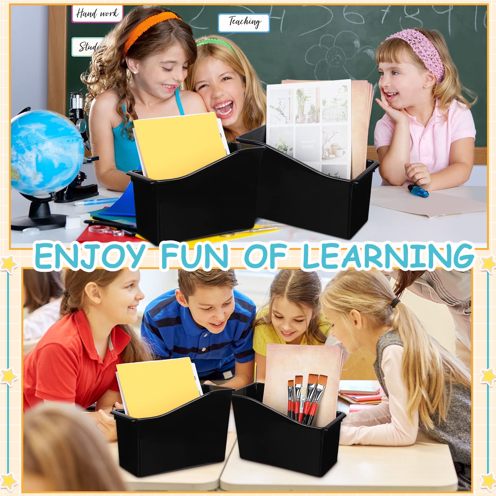 Fuutreo 12 Pieces Book Bins for Classroom Plastic Binder Holder Magazine Stuff Folder File Organizer Box for Home Office School Supplies (Black)