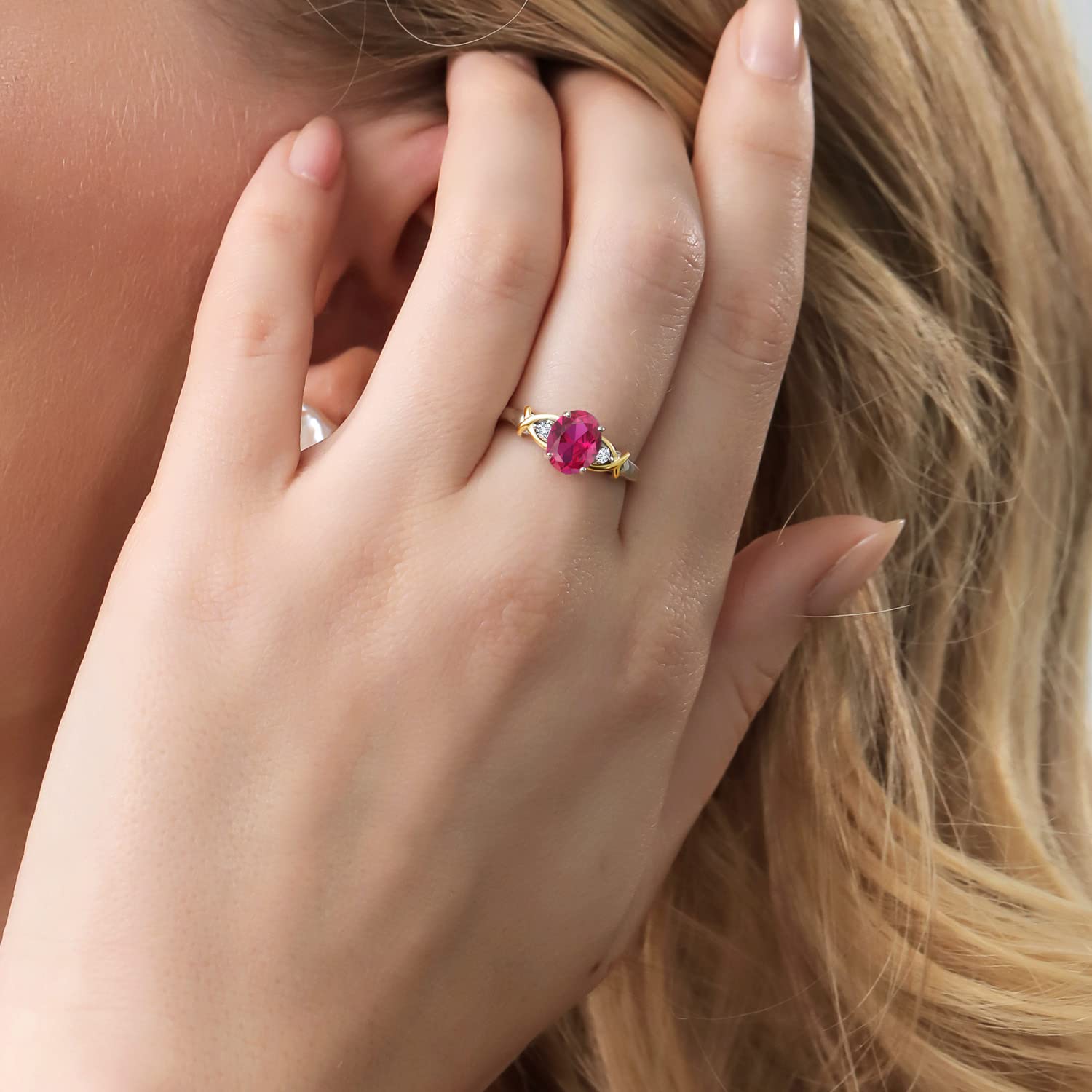 Gem Stone King 10K Yellow Gold and 925 Sterling Silver Red Created Ruby and White Lab Grown Diamond Ring For Women (1.43 Cttw, Oval 8X6MM, Available in Size 5,6,7,8,9)