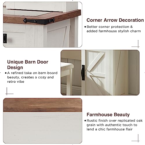 T4TREAM Farmhouse Makeup Vanity Desk with Sliding Mirror and Lights, 42'' Glass Tabletop Vanity Table with 2 Drawers & Shelves, Rustic Big Vanity Set for Bedroom, Stool Included, Antique White