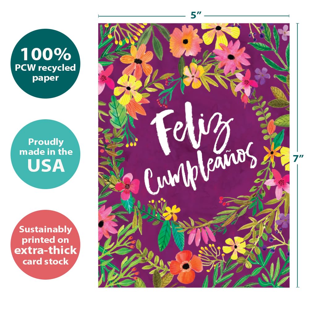 Tree-Free Greetings - Birthday Cards - Artful Designs - 1 Card + Matching Envelopes - Made in USA - 100% Recycled Paper - 5"x7" - Cumpleanos Flowers (GO64622)
