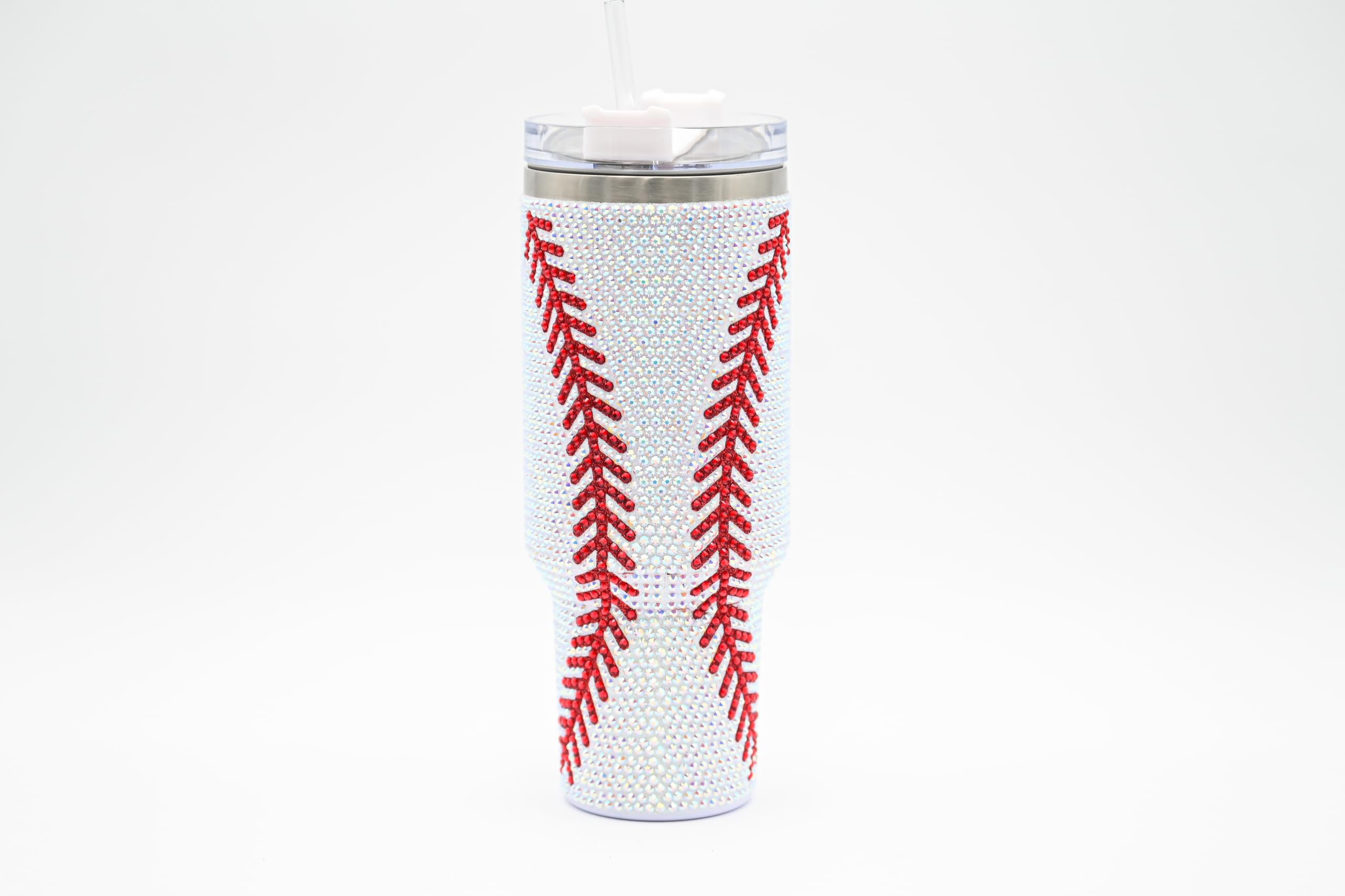 SEM LIFE 40 Oz Rhinestone Bling Tumbler Cup with Handle and Straw (BASEBALL), Stainless Steel and Double Wall Insulated
