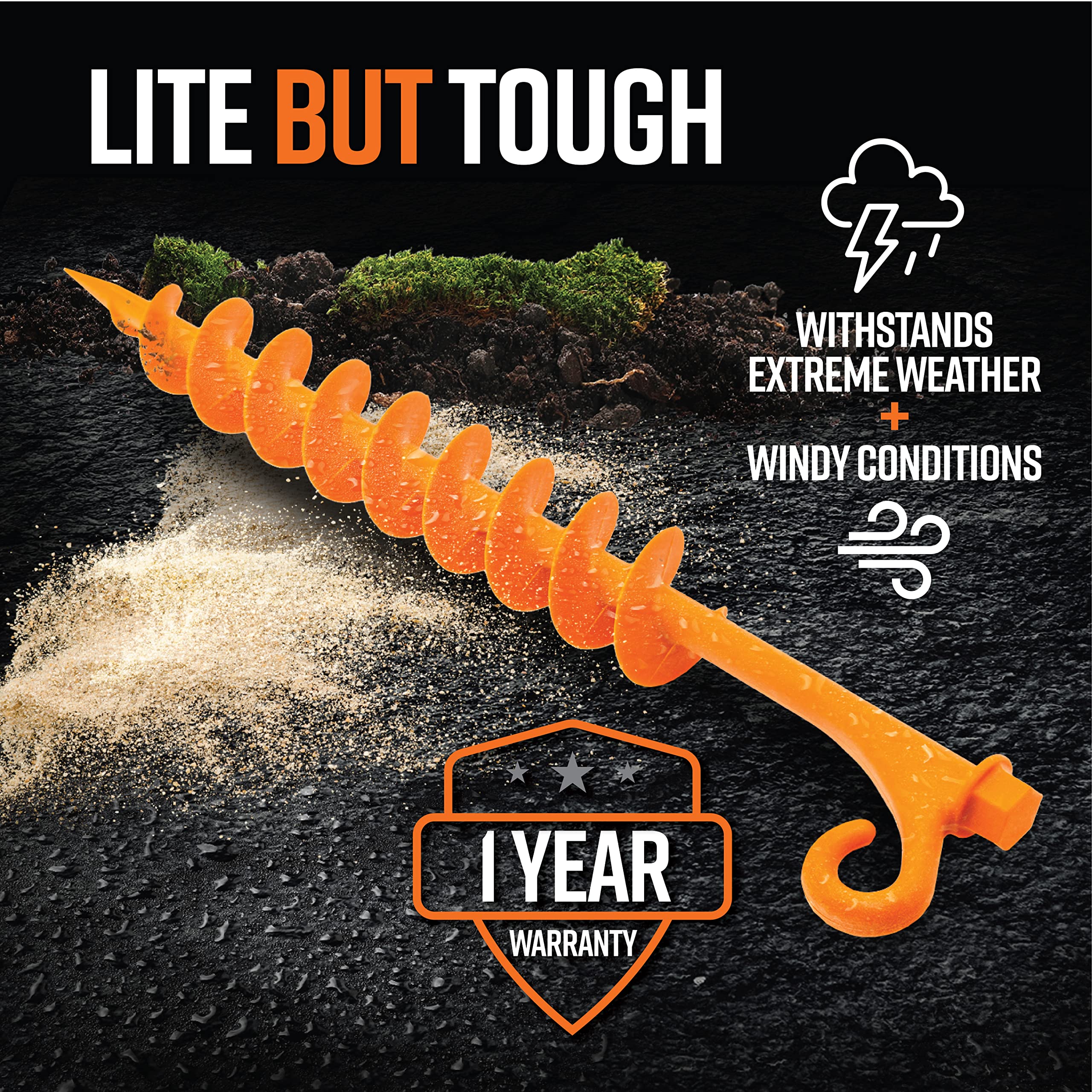 GROUNDGRABBA Lite Orange Tent Stakes - Tent Stakes for Sand | Screw in Earth Ground Anchors for Maximum Grip and Longevity in Soft Surfaces - 6 Pack