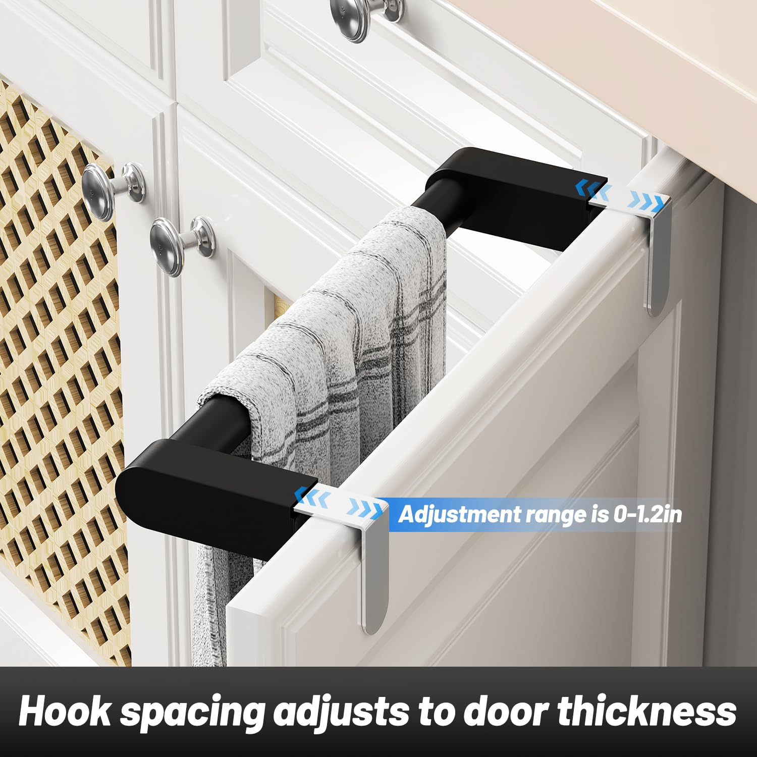 VEHHE Kitchen Towel Holder, Retractable Towel Rack, Over Door Towel Rack with Hooks Adjustable to Door Thickness, EVA Foam Pad, L10.4~16.9 X W0~1.2 X H2.4 inches (Silver)
