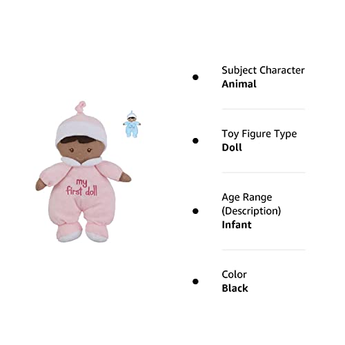 Ganz My First Doll Dollies Soft Plush Girl with Dark Complexion and Black Hair Pink Outfit, Hat. She Rattles!