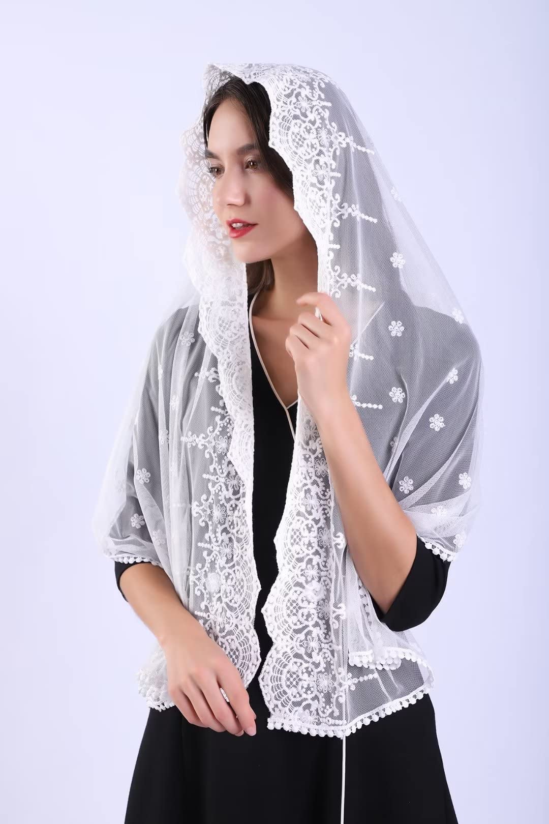 Grettytling Chapel Veil Embroidered Lace Mantilla Church Veil Head Covering Veils for Church Shawl-Scarf Wedding Shawl(White)