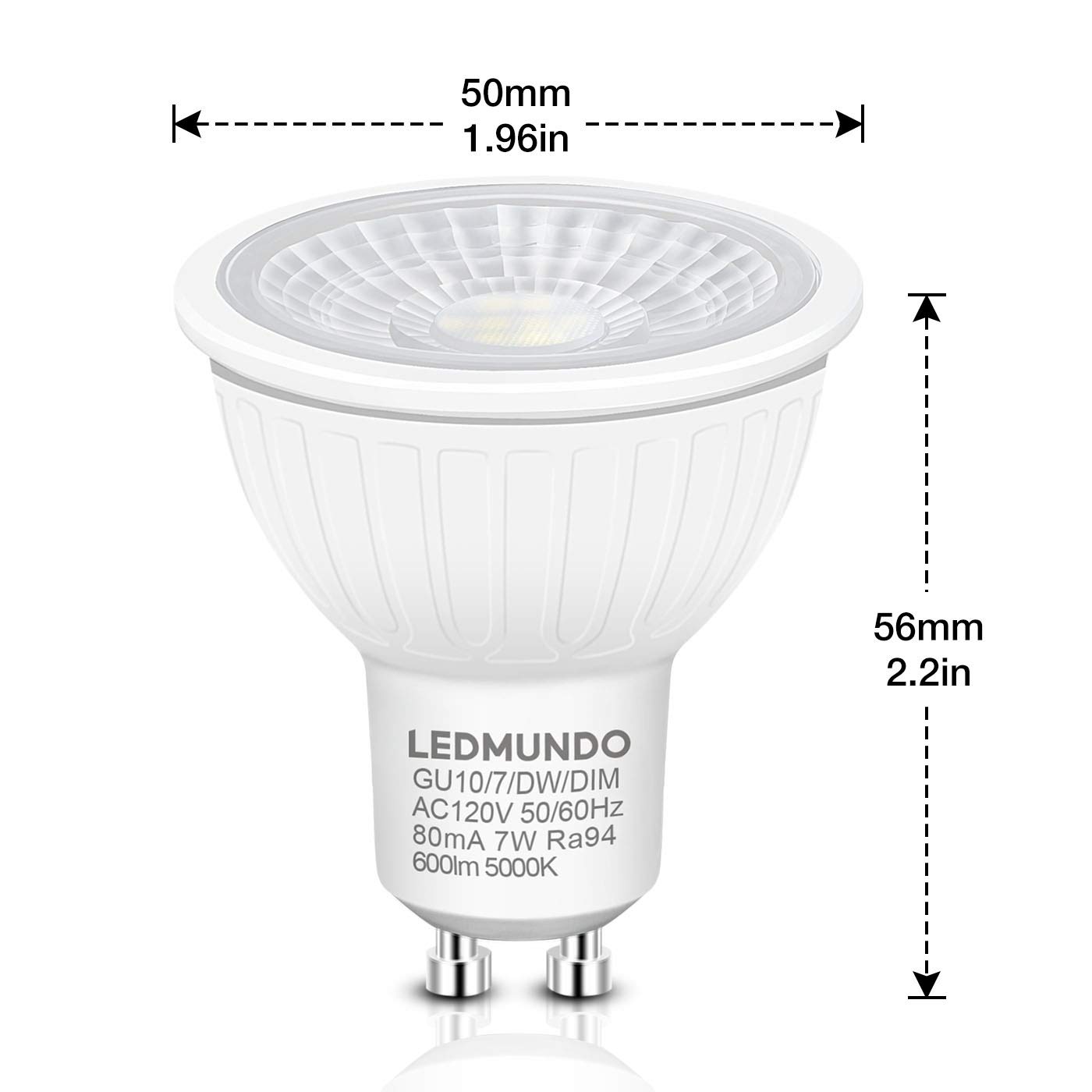 GU10 LED Bulbs Daylight - 7W - 90+CRI - Dimmable - 600LM - 75W Halogen Equivalent - 5000K - GU10 Recessed Lighting Bulb - Track Lighting Bulb - Spotlight Bulb - UL Listed - Pack of 12