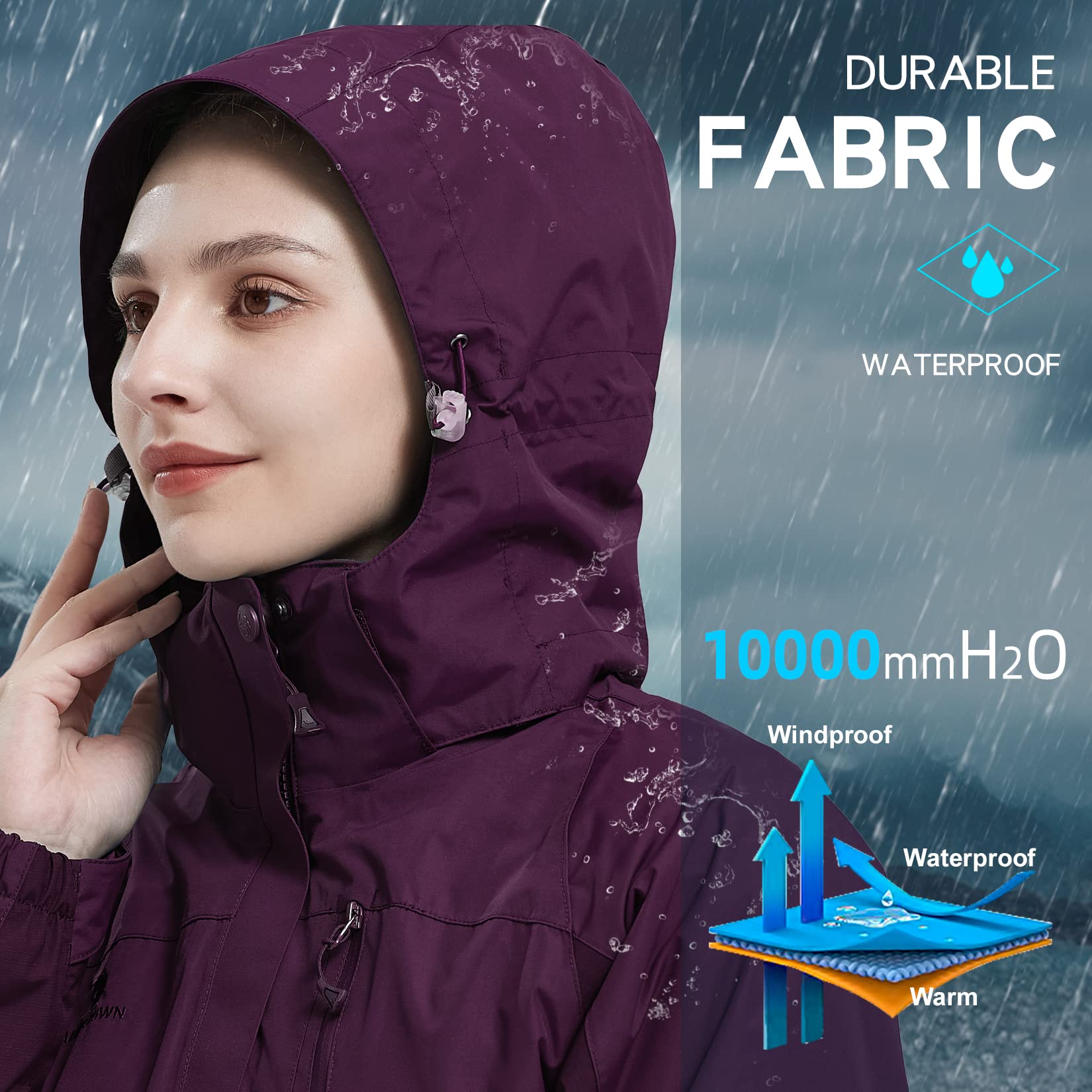 GOLDEN CAMEL Women's Ski Jacket 3 in 1 Waterproof Windproof Winter Jacket with Full zip Lined Fleece Jacket Hooded Raincoat Snowboard Mountain Snow Coat, Dark Purple, L