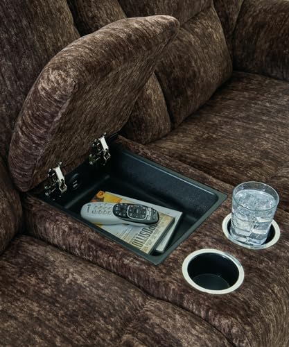Signature Design by Ashley Soundwave Contemporary Manual Reclining Loveseat with Console and Cup Holders, Dark Brown