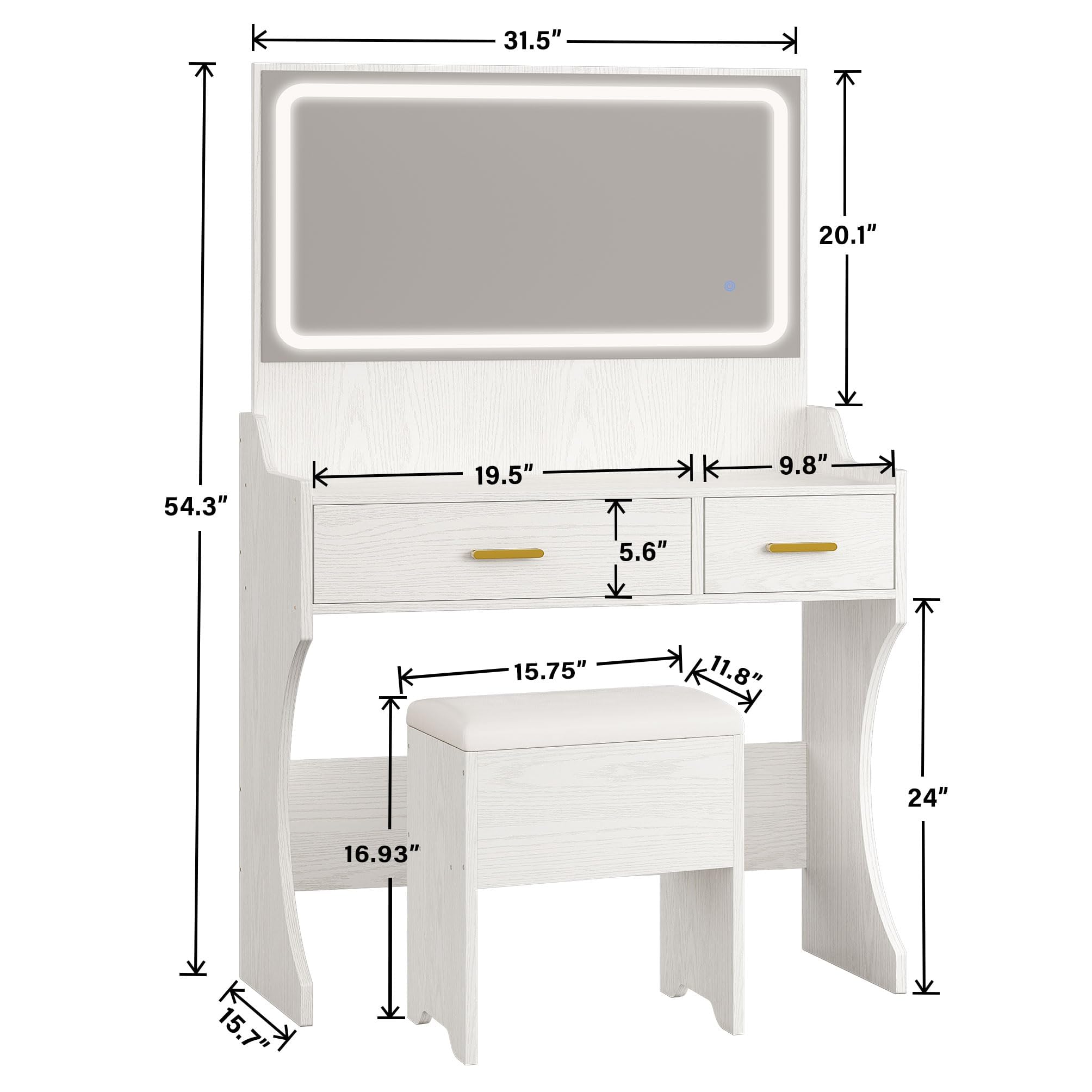 senlin Makeup Vanity Desk with Lights, Chair, and Power Outlet, Small Vanity with Lighted Mirror, Makeup Table with Mirror, Girls Vanity Set, Vanity Desk, Modern Makeup Vanity with Lights(White)