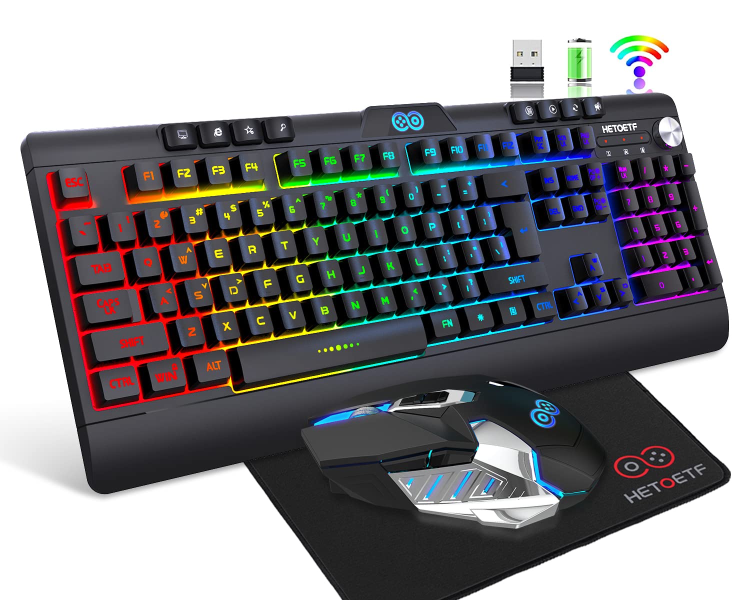 HETOETF Wireless Gaming Keyboard and Mouse Combo with Rainbow LED Backlit Rechargeable 4000mAh Battery Mechanical Ergonomic Waterproof Dustproof 7 Color Mice for Computer PC Mac Gamer (Black)