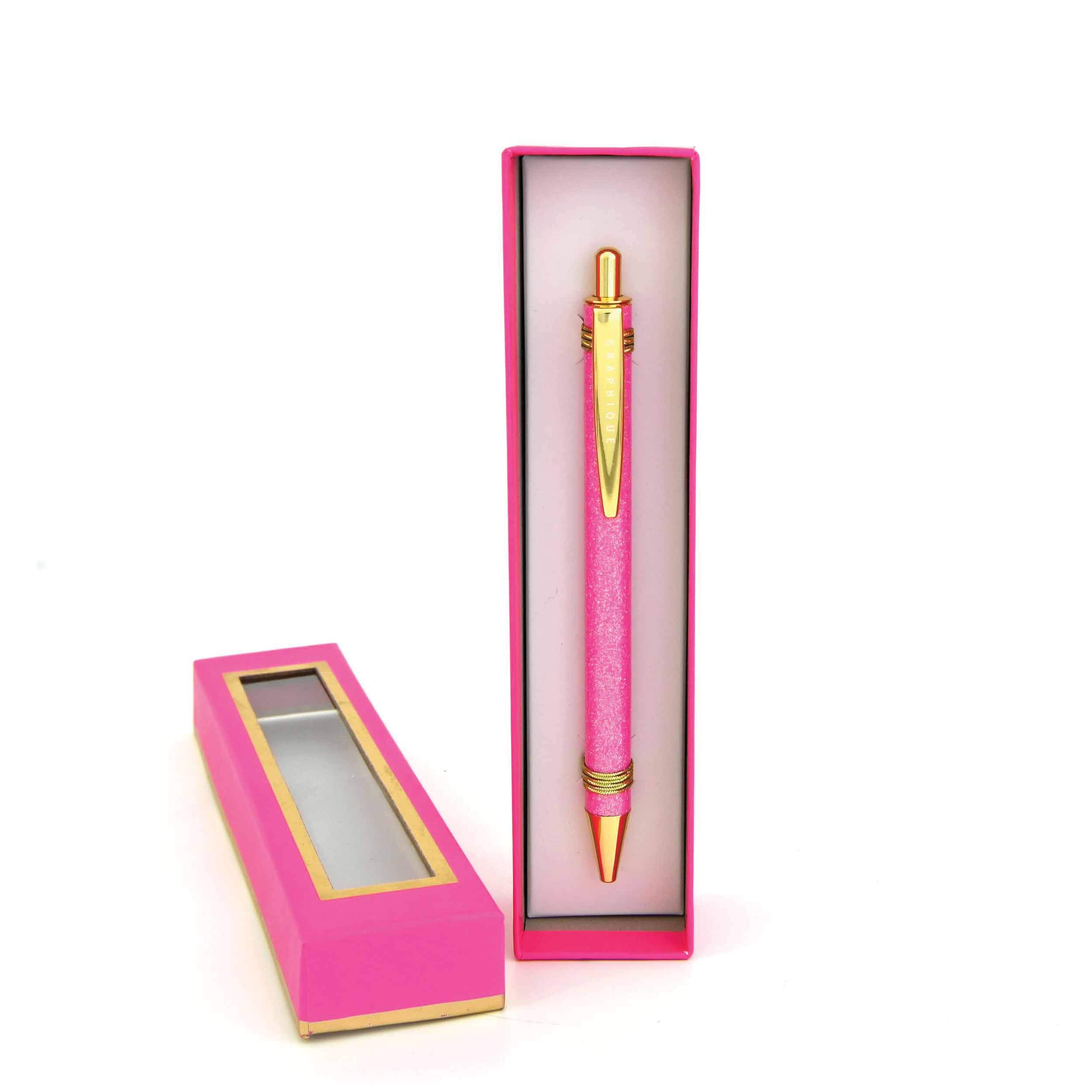 Graphique Glitter All the Way Deluxe Pen w/Gold-Trimmed Presentation Box - Glittery Pink Pen with Comfortable Finger Grooves, Makes a Beautiful, Unique Gift
