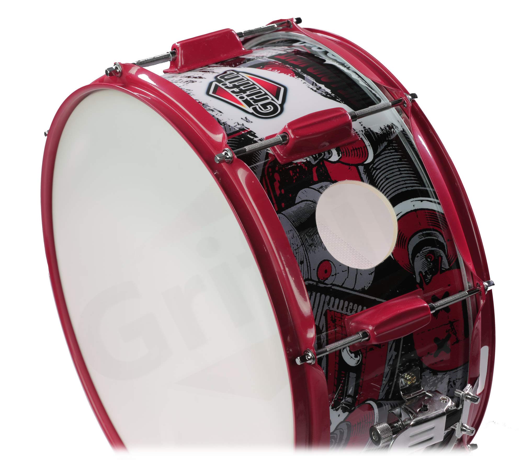 GRIFFIN Snare Drum Birch Wood Shell 14 X 6.5 Inch | Oversize 2.5" Large Vents & Custom Graphic Wrap (Limited Edition) | Red Hardware & Marching Drummers Key for Students & Pros | 8 Metal Tuning Lugs