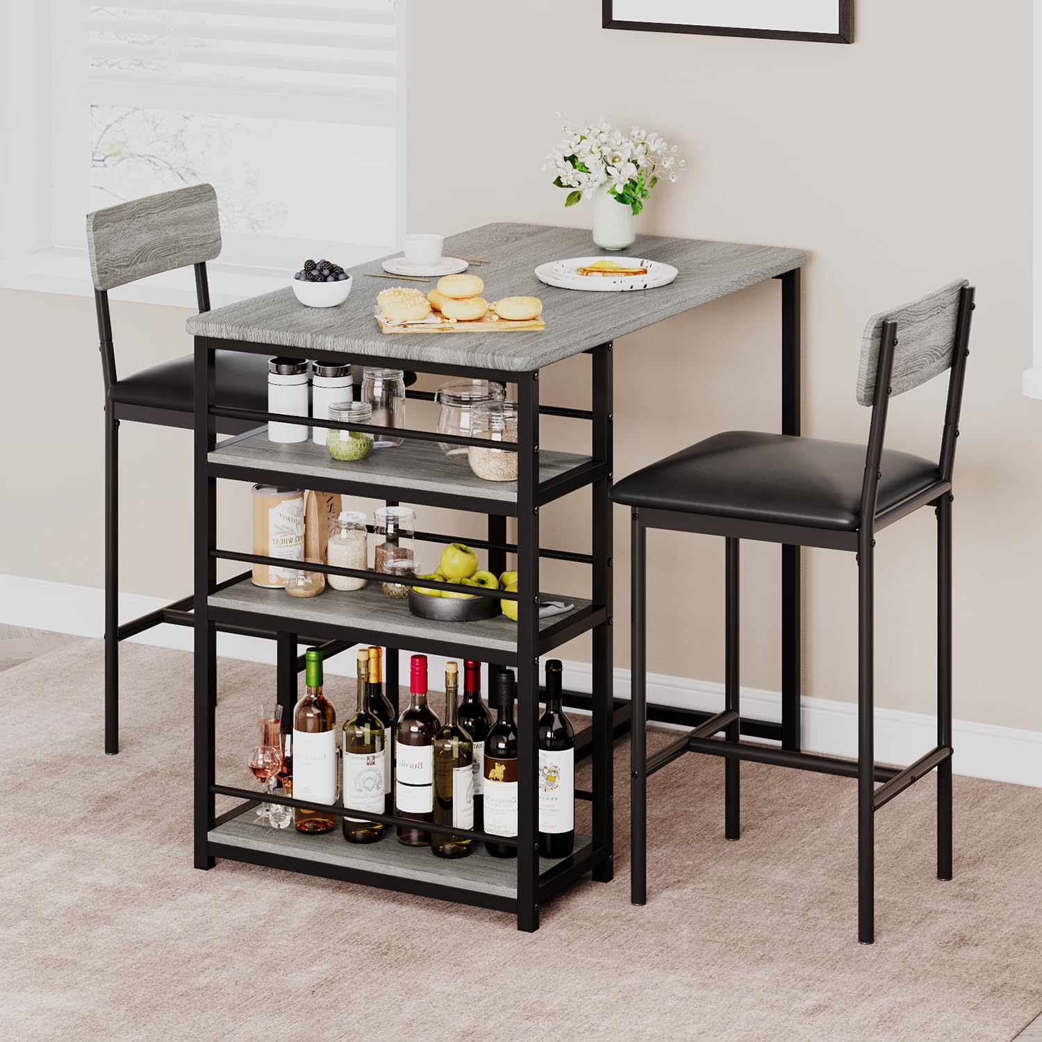 GAOMON Dining Table Set for 2, Kitchen Table and Chairs for 2 with Upholstered Chairs, 3 Piece Counter Height Bar Kitchen Table Set with 3 Storage Shelves for Small Space, Apartment, Rustic Gray
