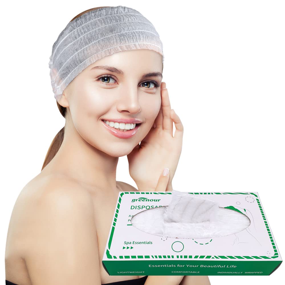 Greenour 100 Count Disposable Headbands for Facials Spa Head Wraps Soft Non-woven Individually Wrapped (White)
