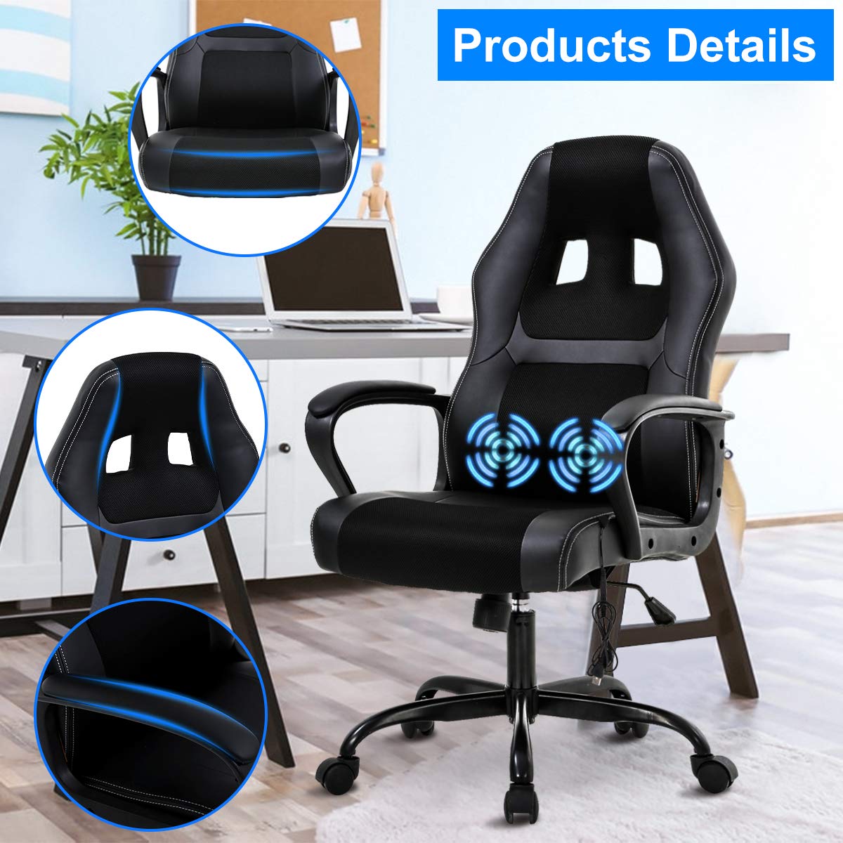 Gaming Chair Desk Chairs Ergonomic Office Chair Comfortable Massage Computer Desk Chair with Adjustable Backrest and Height, PU Leather Executive PC Swivel Chair Chair with Lumbar Support (Black)