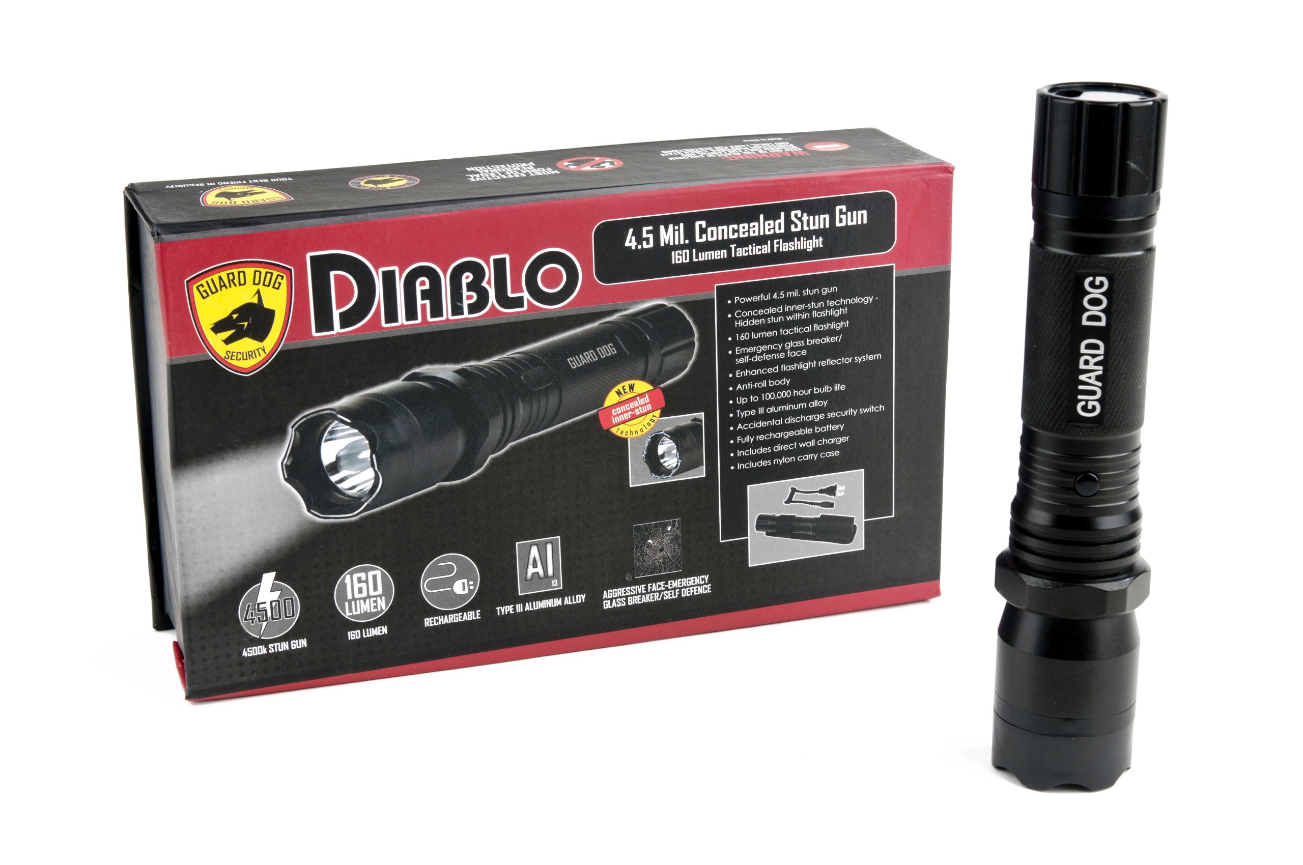Guard Dog Security TLSG-GDD4500F Diablo Tactical Stun Gun Flashlight, Maximum Voltage, Ultra Bright LED Bulb, Rechargeable, Black, 6.74-Inch