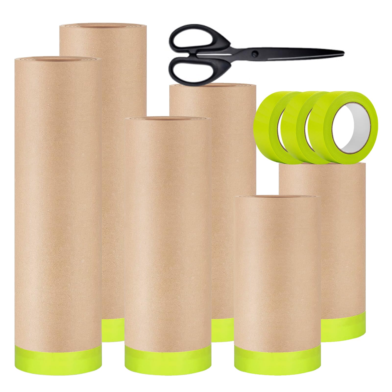YUNXIHUI Masking Paper, 6 Rolls Automotive Paint Paper Roll with Tape, Assorted Sizes Tape and Drape, Masking Paper for Painting Car and Auto Body,Floor Protection, Wall Covering(6in 12in 18in)
