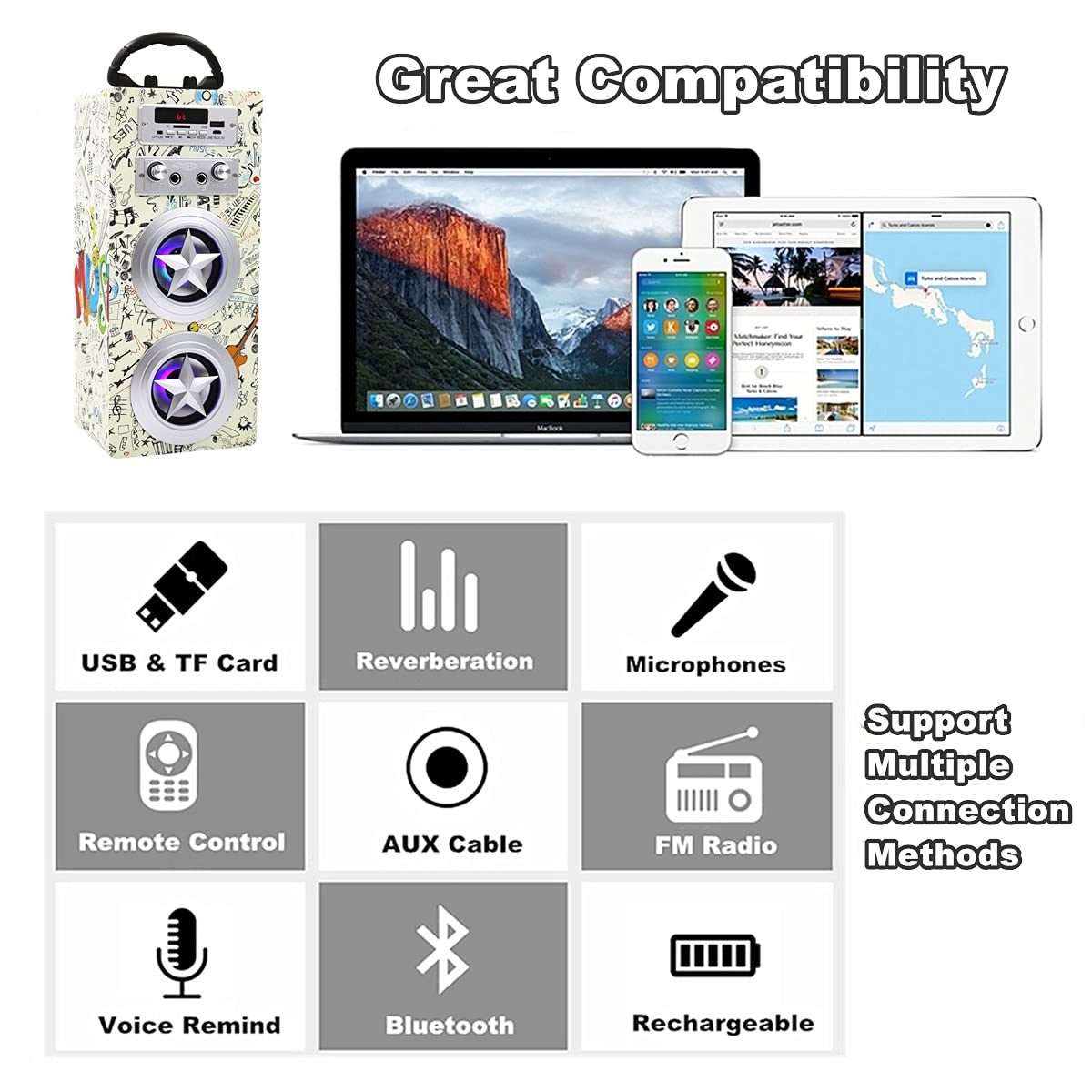 IndeCool Kids Bluetooth Karaoke Machine with 2 Microphones, Rechargeable Remote Control Wireless Karaoke Speaker Portable Karaoke Machine Music MP3 Player for Kids Adult Party Gift (Silver)