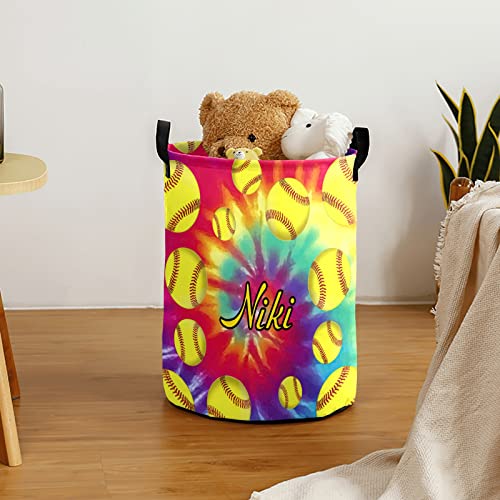 Tie Dye Softball Laundry Basket Personalized with Name Laundry Hamper with Handle Organizer Storage Bin Bedroom Decor for Boys Girls Adults
