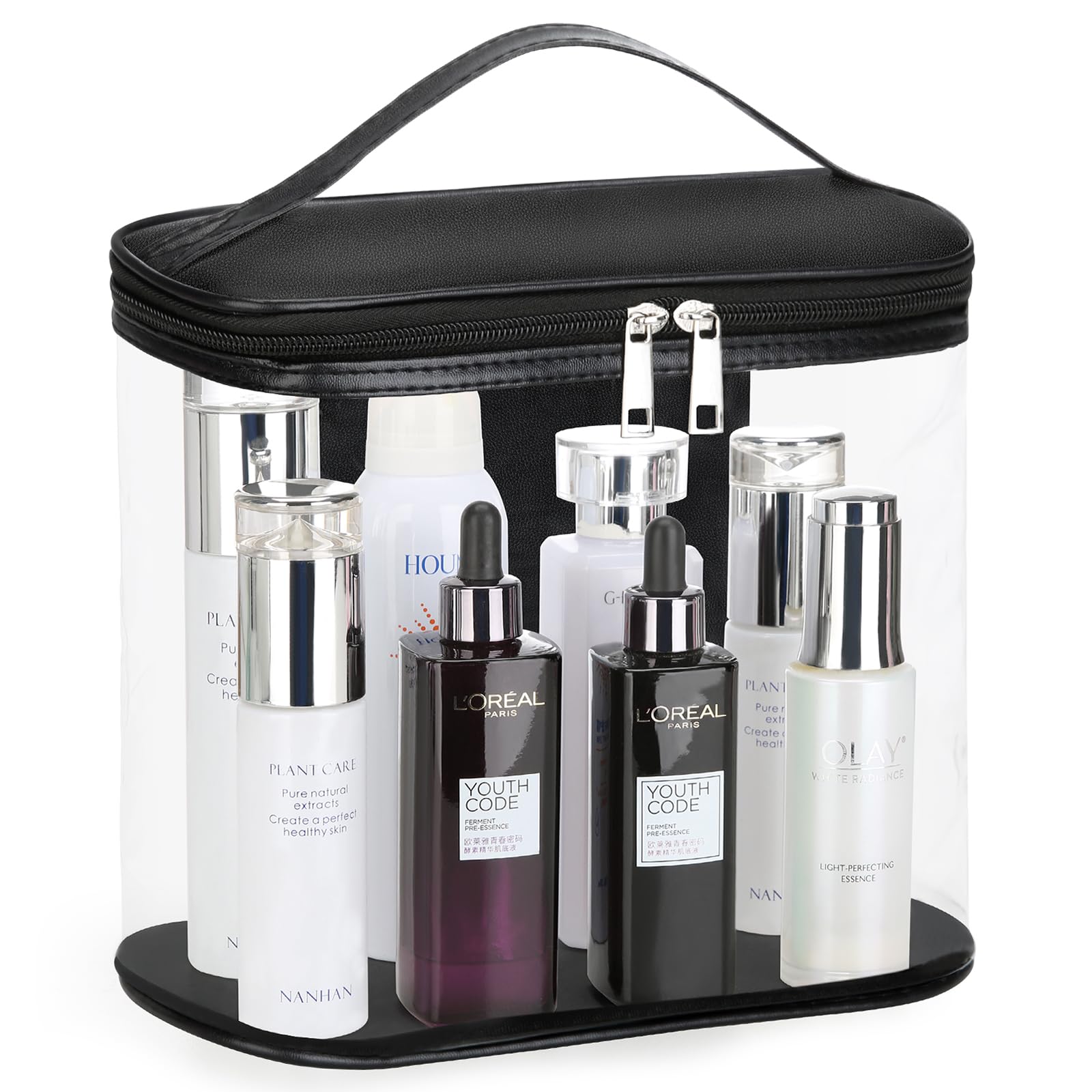 HAOGUAGUA Heavy Duty Leak Proof Clear Travel Bags for Toiletries, Transparent Makeup Cosmetic Bag with Zipper and Handle (Large, Black)