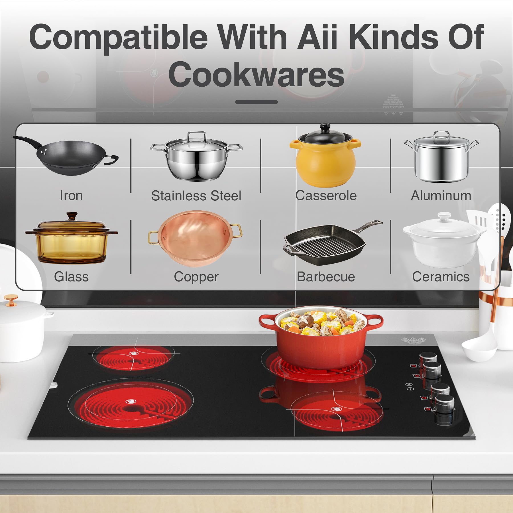 GIHETKUT Electric Cooktop, Hot Plate Electric Control by Knob, Built-in 4 Burners Electric Stove Top with 9 Power Levels, Child Safety Lock & 99mins Timer, 220-240V, 7200W
