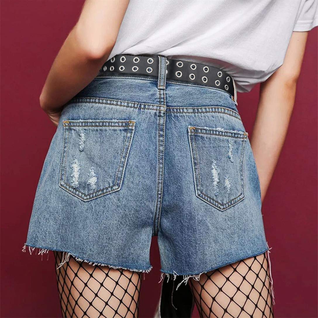 Grommet Leather Belts for Women, Double Prong Buckle Vintage Punk Jeans Belts
