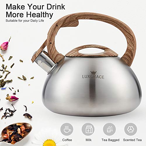 Teapot Whistling Tea Kettle with Wood Pattern Handle Loud Whistle,Food Grade Stainless Steel Tea Pot for Stovetops Water Kettle(Silver-RW)