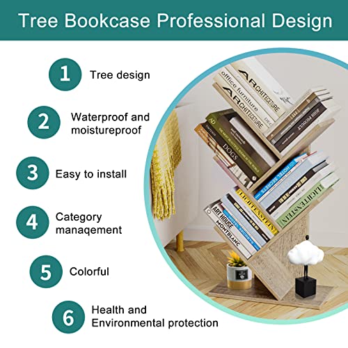ZRWD Tree Bookshelf, 4-Tier Book Storage Organizer Shelves Floor Standing Bookcase, Wood Storage Rack for Office Home School Shelf Display for Cd/Magazine(French Oak Grey)