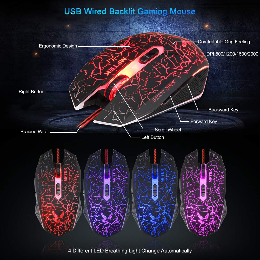 Gaming Keyboard and Mouse Combo with Headset, MFTEK Crack Backlit 3 Colors Keyboard, Wired Gaming Mouse, Lighted Gaming Headset with Microphone Set, 50mm Speaker Driver + Mouse Pad for PC Games
