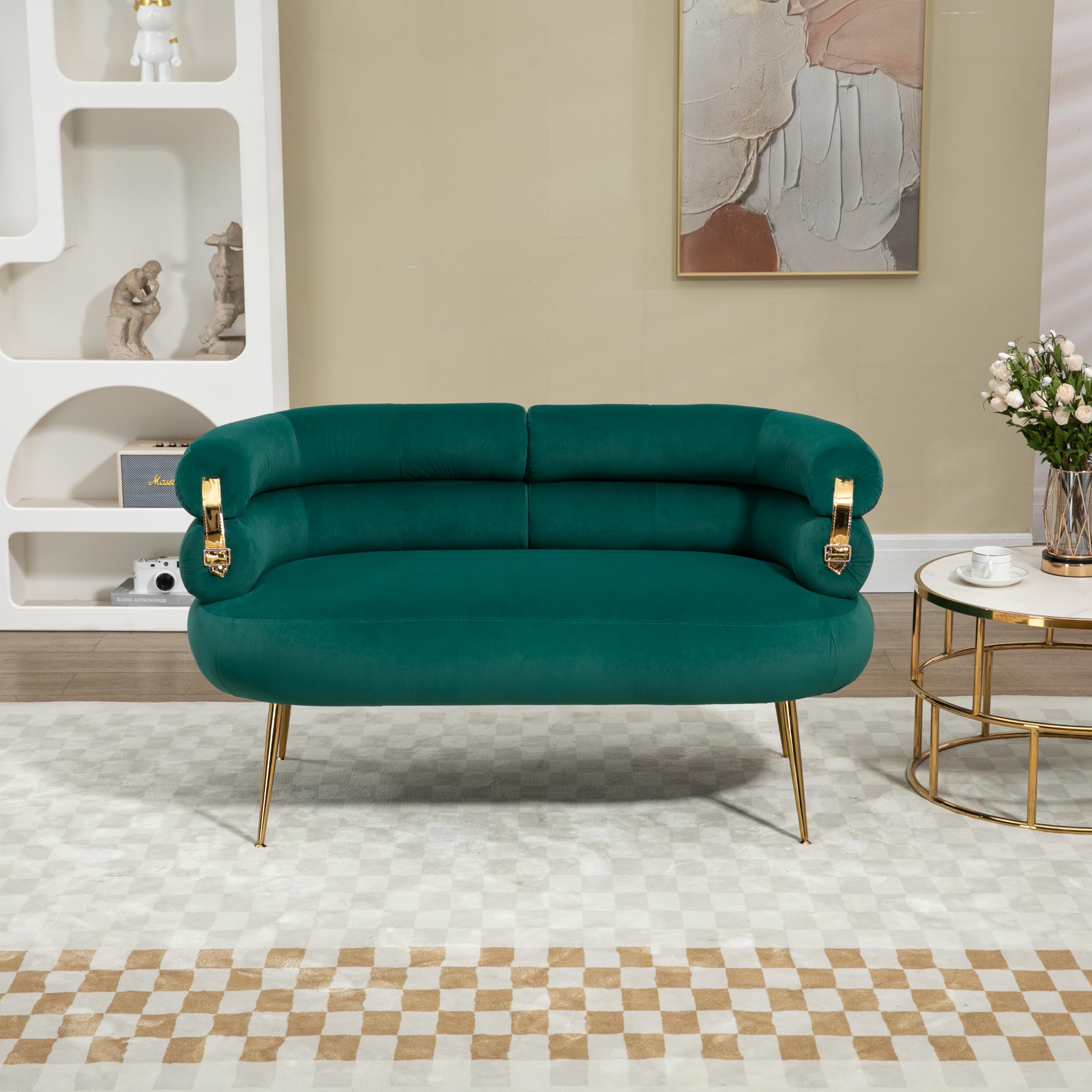 Velvet Small Loveseat Sofa, Upholstered Mini Couch with Curved Backrest, Modern 2-Seat Sofa with Gold Metal Legs, Comfy Love Seat for Living Room, Bedroom, Dorm, and Apart(Green)