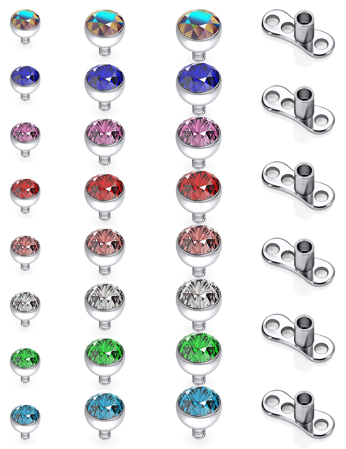 Hoeudjo 24PCS 14g Multicolor CZ Dermal Anchor Tops and Base Skin Titanium Microdermals Surface Piercing Jewelry for Women Men 4mm
