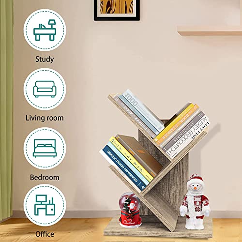 ZRWD Tree Bookshelf, 3-Tier Book Storage Organizer Shelves Floor Standing Bookcase, Wood Storage Rack for Office Home School Shelf Display for Cd/Magazine(French Oak Grey)