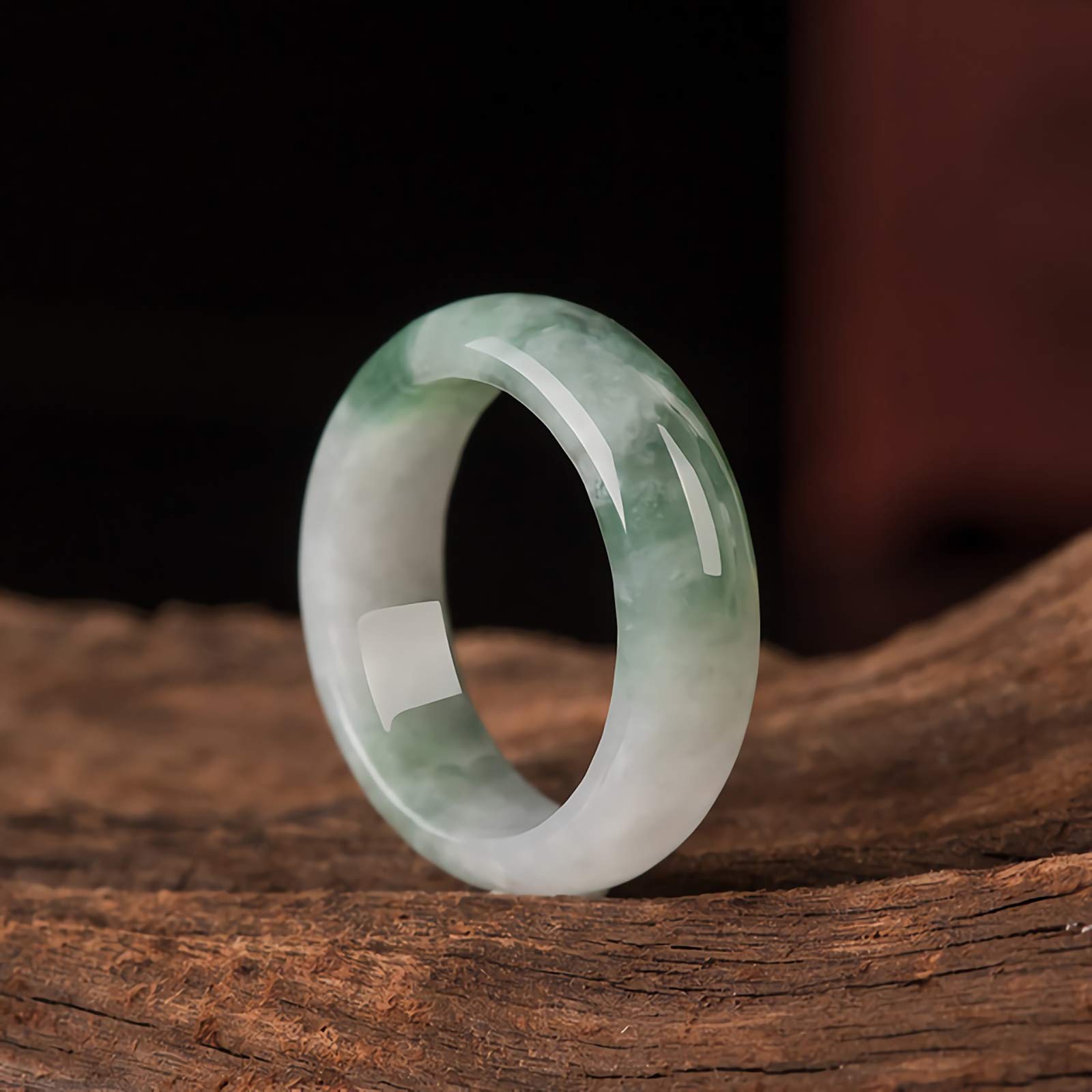 HSUMING Chinese Natural Jade Rings for Women - Good Luck Jewelry with Wide Band, Size 8
