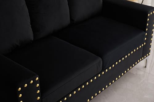 Velvet Small Loveseat Sofa Modern Sectional Couch with Square Armrest Rivets 2 Pillows for Living Room Black