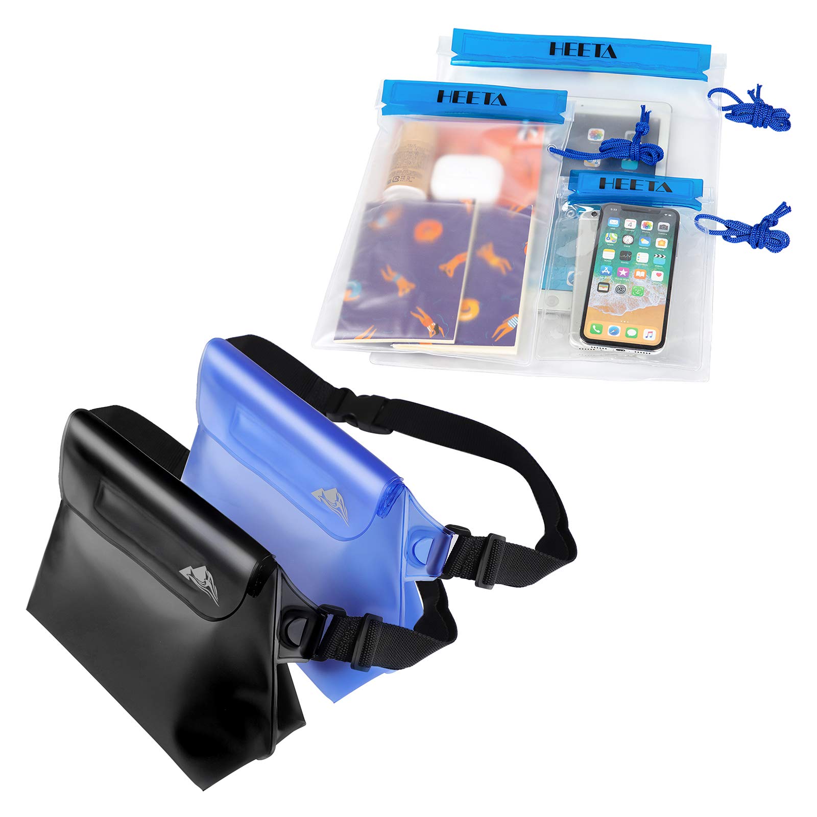 HEETA 2-Pack Waterproof Pouch with Waist Strap, Transparent Screen Touchable Dry Bag Bundle with 3-Pack Clear Waterproof Dry Bag