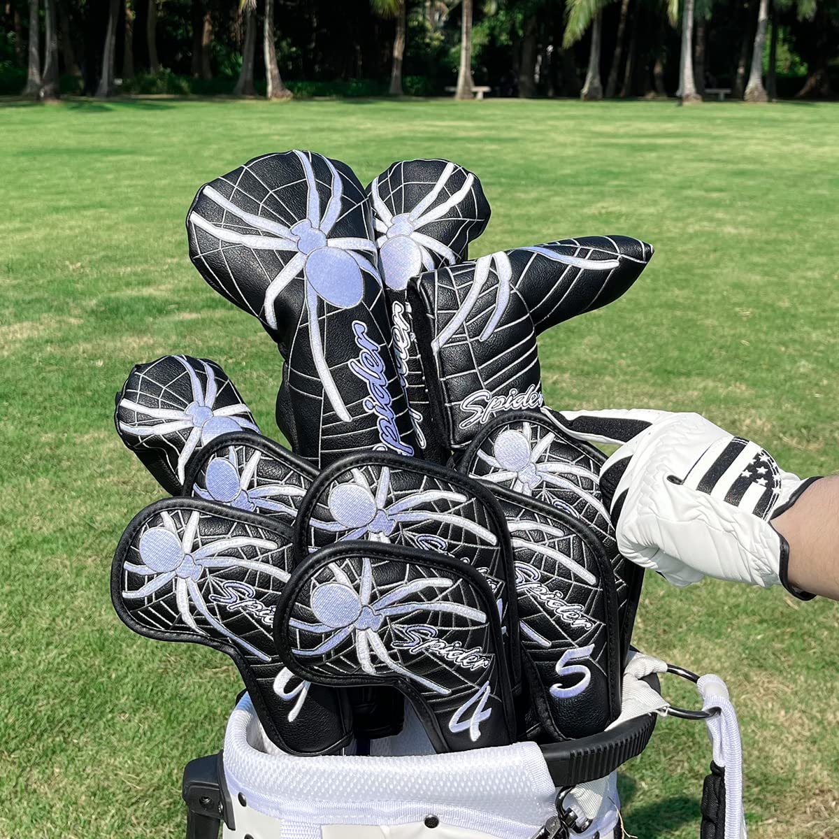 Golf Headcovers Golf Club Black Leather Spider Head Covers Set Fits Driver Fairway Wood Hybrid(UT with Number Tag (Driver)