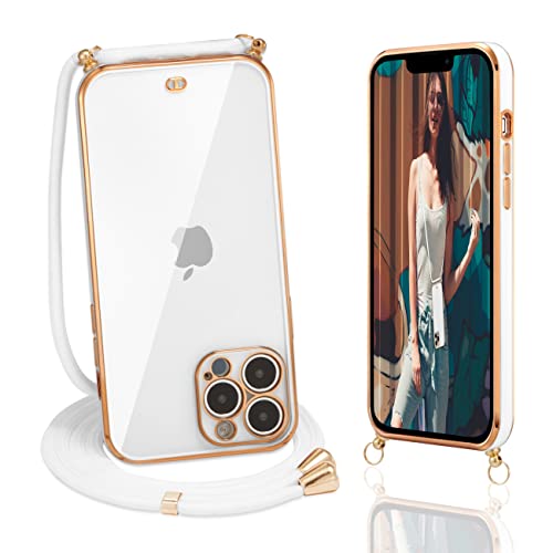 ZTOFERA Crossbody Phone Case for iPhone 14 Pro Max, Clear Protective Case for Girls Adjustable Detachable Lanyard Gold Edge Silicone Bumper Back Case for iPhone 14 Pro Max - White