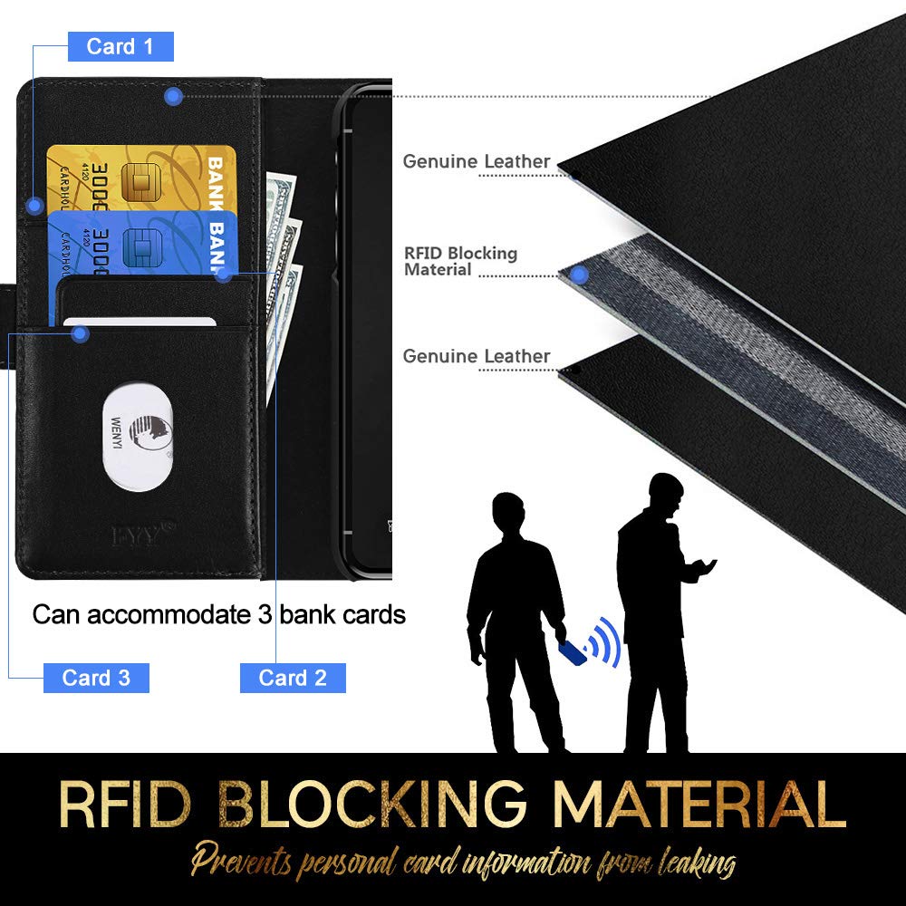 FYY Samsung Galaxy S10 6.1" Luxury [Cowhide Genuine Leather][RFID Blocking] Handcrafted Wallet Case, Handmade Flip Folio Case with [Kickstand Function] and [Card Slots] for Galaxy S10 (6.1") Black