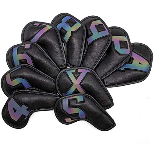 Golf Iron Club Head Covers set Headcovers Fits for All iron wedges - Big Number - Long Neck - Black Pu Leather fits Small Standard Oversized Golf Clubs 10pcs/Pack
