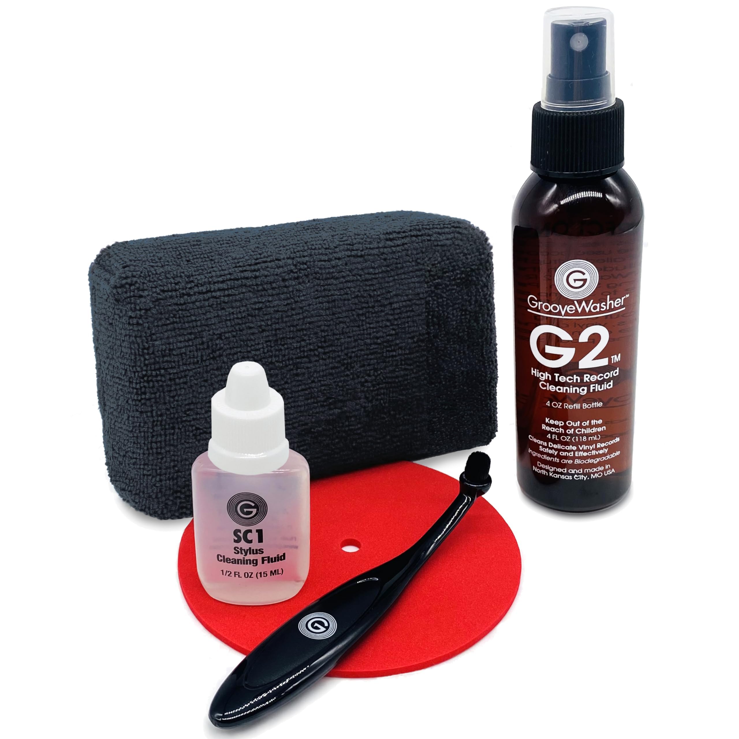 GrooveWasher Record & Stylus Care System β Record Cleaning Fluid & Large Scratch-Free Cleaning Pad with Delicate Stylus Brush & Cleaning Solution + Bonus Label Mask, Protect & Preserve Vinyl Records