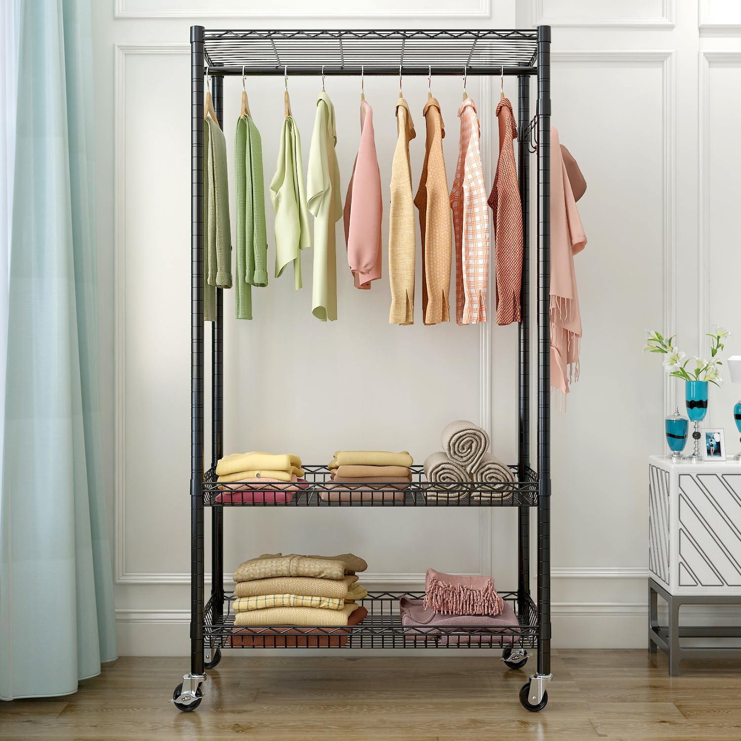 Heavy Duty Rolling Rack,Closet Organizer Metal Garment Rack Portable Clothes Hanger Home Shelf,Freestanding Closet Wardrobe (35.43x 17.72 x 72.83)