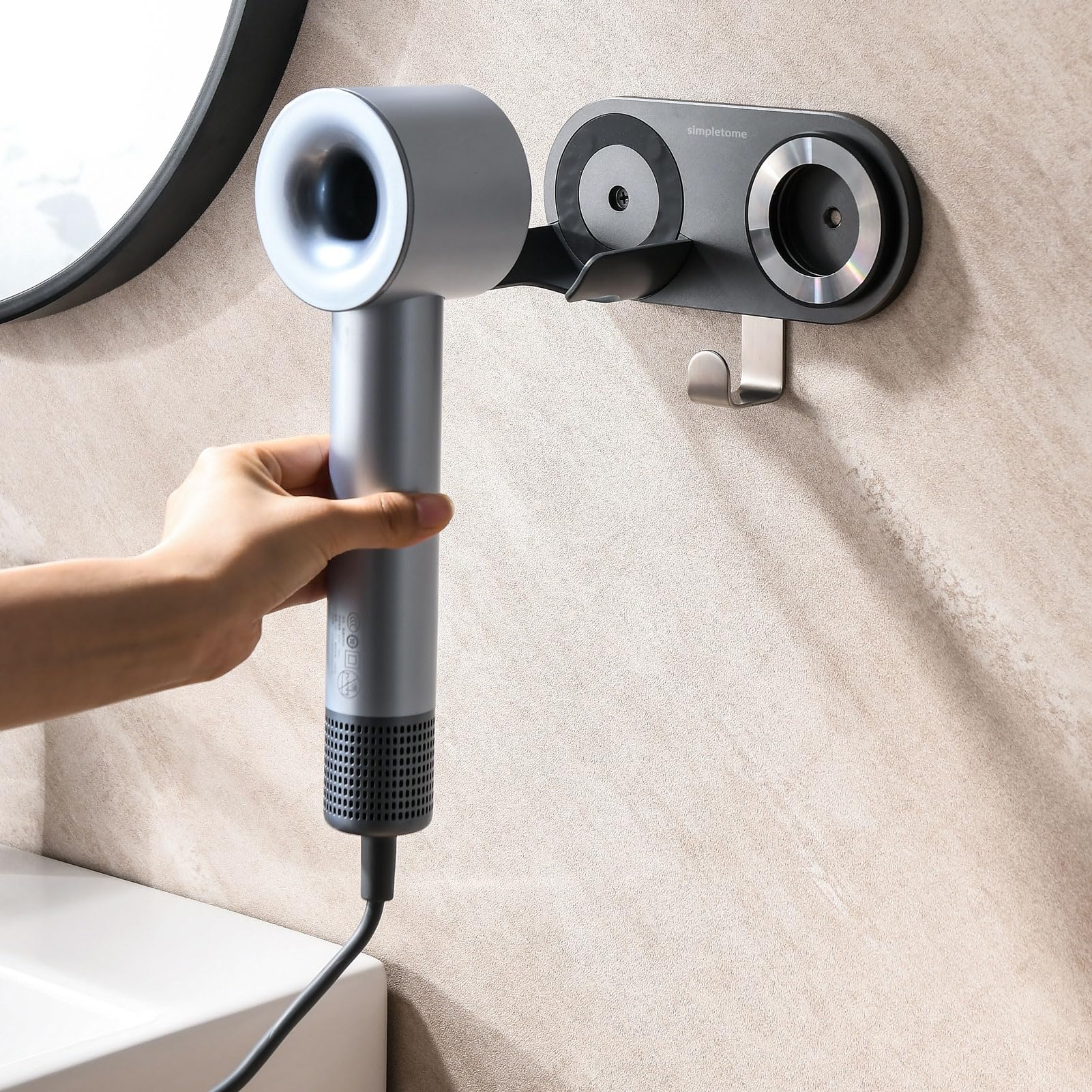 simpletome Hair Dryer Holder Wall Mount for All Magnetic High Speed Blow Dryer with Plug Cord Organizer Hook (Aluminum Alloy, Grey)