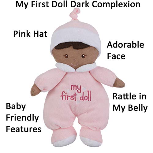 Ganz My First Doll Dollies Soft Plush Girl with Dark Complexion and Black Hair Pink Outfit, Hat. She Rattles!