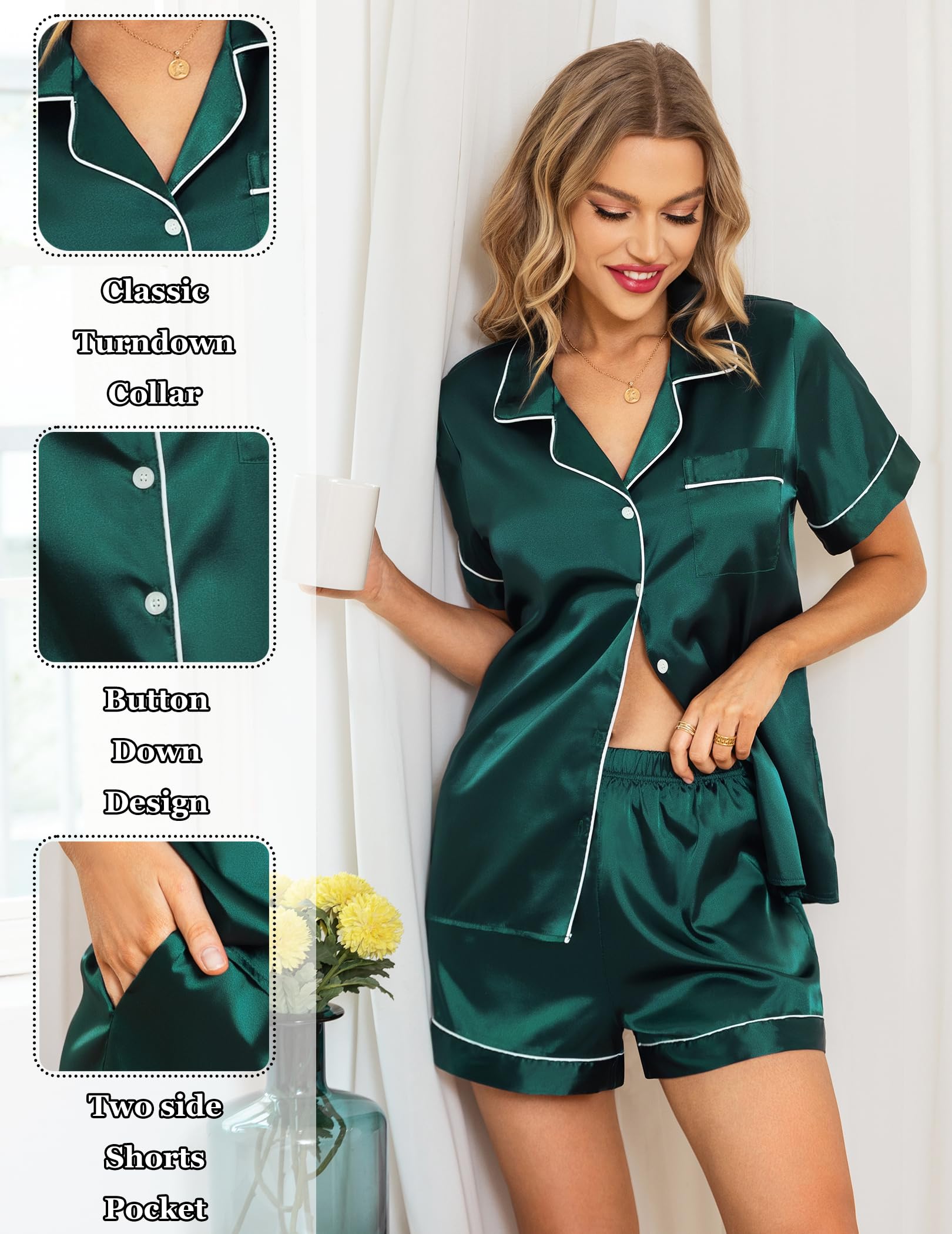 Gepansis Womens Summer Pajamas Sets Silky Satin Pj Set Button Down Short Sleeve Sleepwear Sets Dark Green X-Large