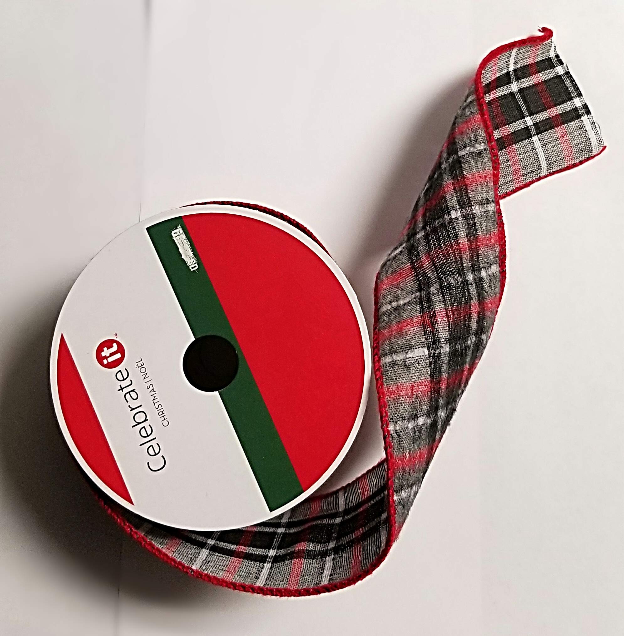 Grey Red & Black Plaid Wired Ribbon by Celebrate It Christmas 2.5in x 25ft