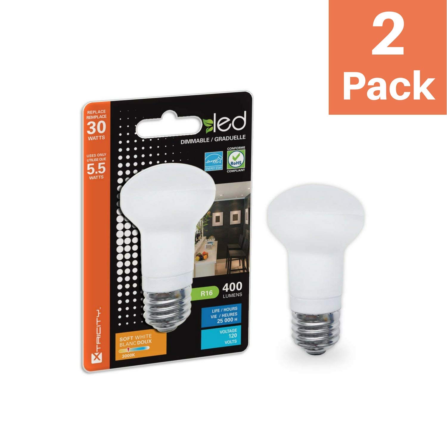 Xtricity R16 LED Light Bulb, 7 Watt (50W Equivalent), Dimmable, 400 Lumens, 3000k Soft White, E26 Medium Base, Energy Star (2 Pack)