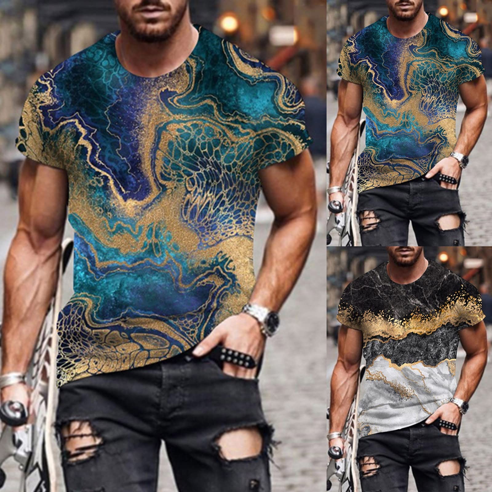 Mens Graphic Tees,Short Sleeve Shirts for Men Casual Summer Graffiti Print Crewneck T Shirt Workout Tee Tops Blue